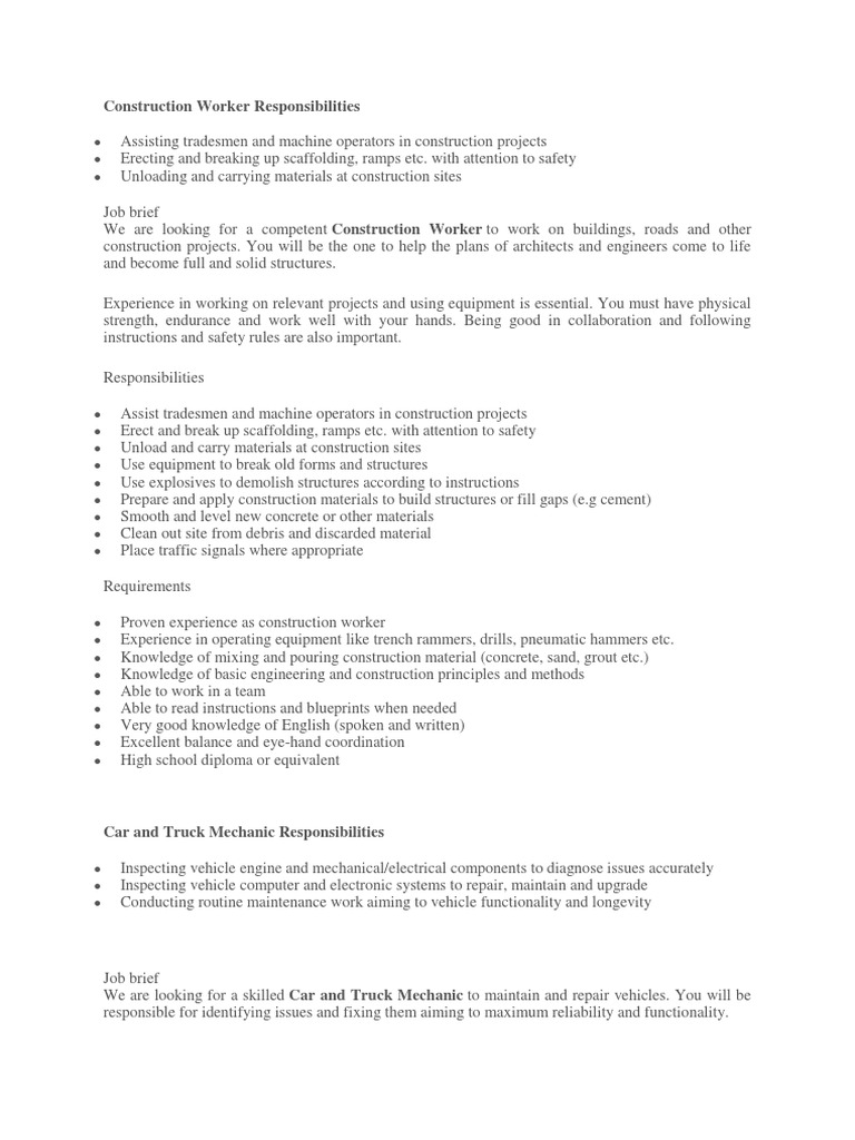 Construction Worker Responsibilities | PDF | Carpentry | Plumbing