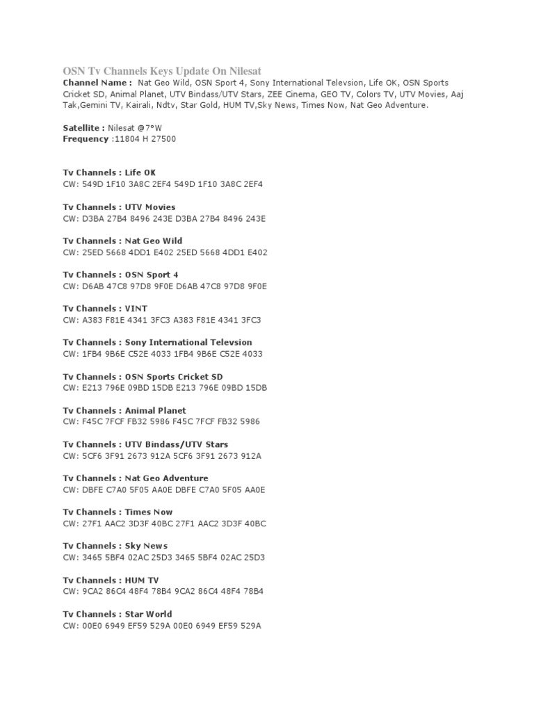 OSN TV Channels Keys Update On Nilesat | PDF | Television Network ...