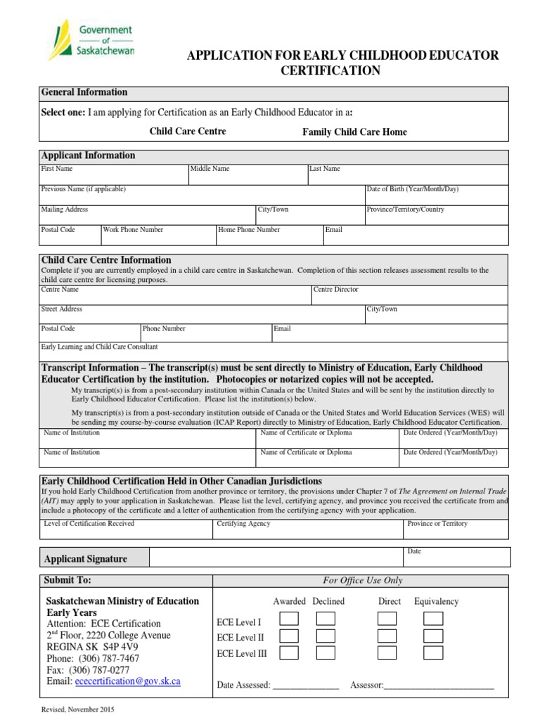 Application FOR Early Childhood Educator Certification: Ececertification@gov - Sk.ca | PDF ...