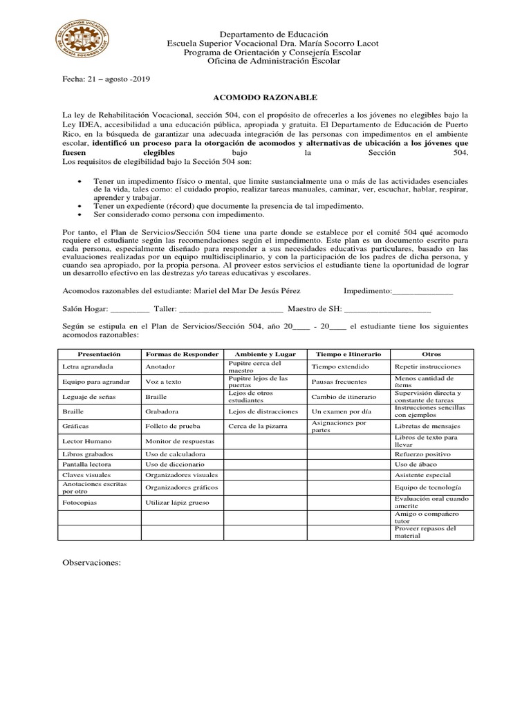 Acomodo Razonable 504 para Maestros | PDF | Aprendizaje | Cognición