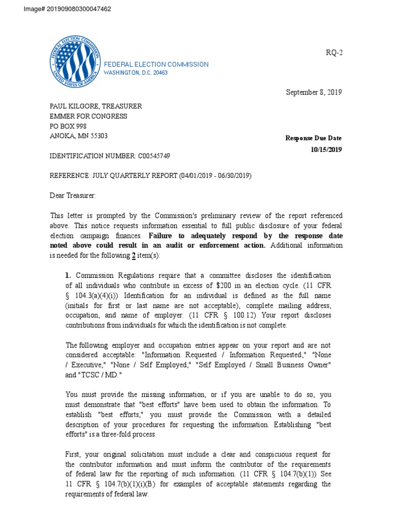 FEC RFAI Letter To Emmer For Congress | PDF | Federal Election ...
