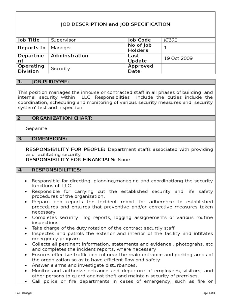 Security Supervisor Job Description | PDF | Police | Security