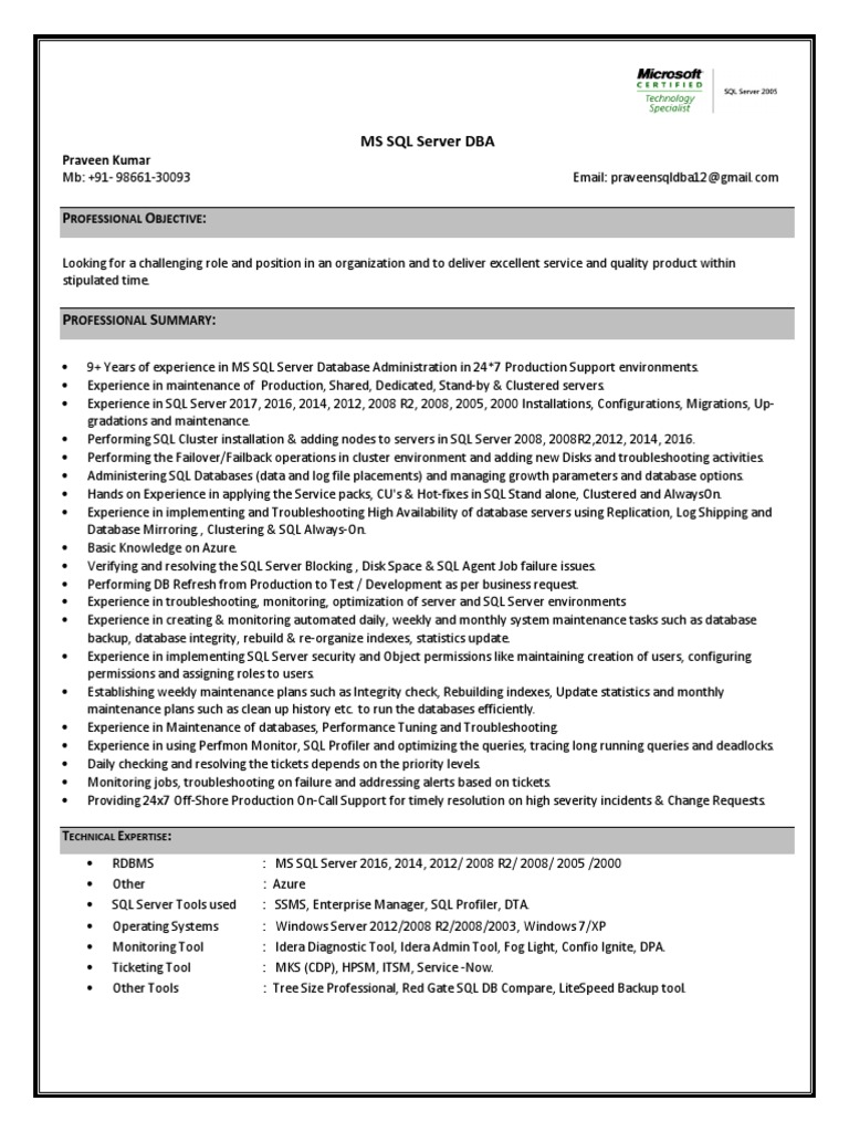 PraveenMadupu SQLDBA 9+years | PDF | Microsoft Sql Server | Databases