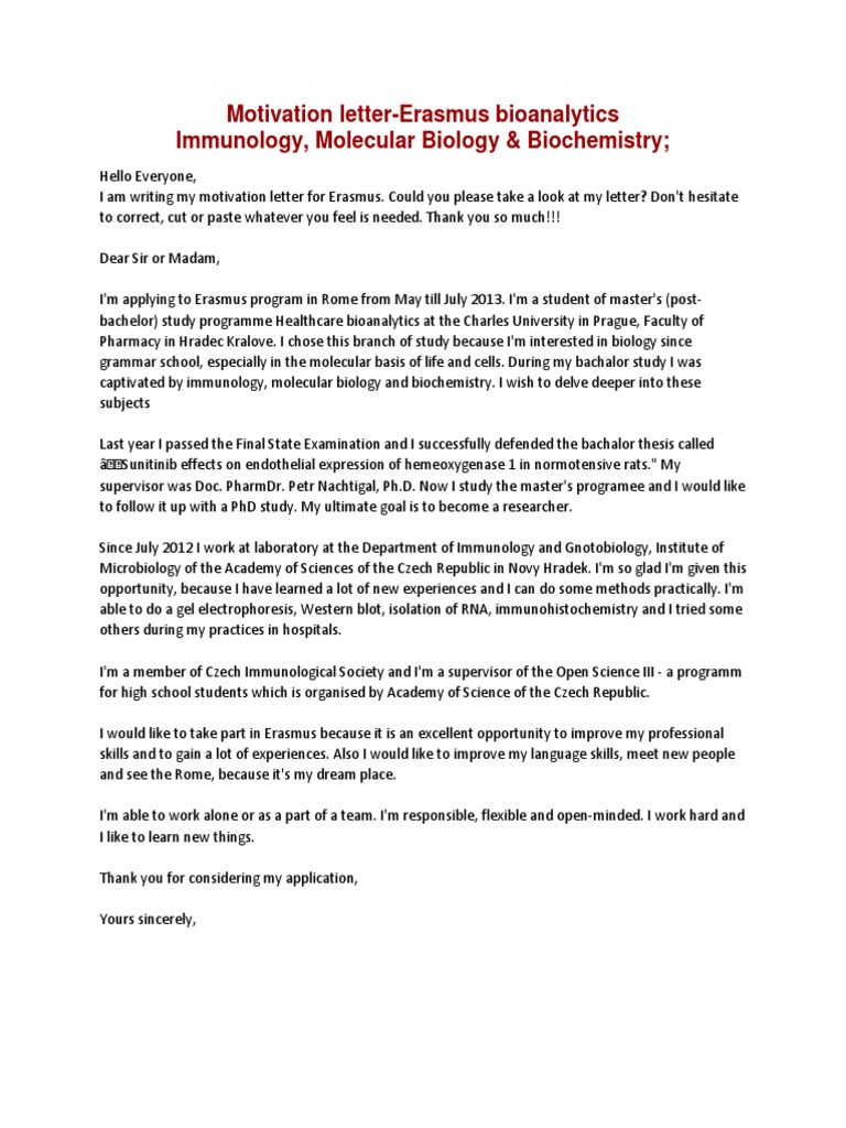 Erasmus Motivation Letter Samples | PDF | Doctor Of Philosophy ...