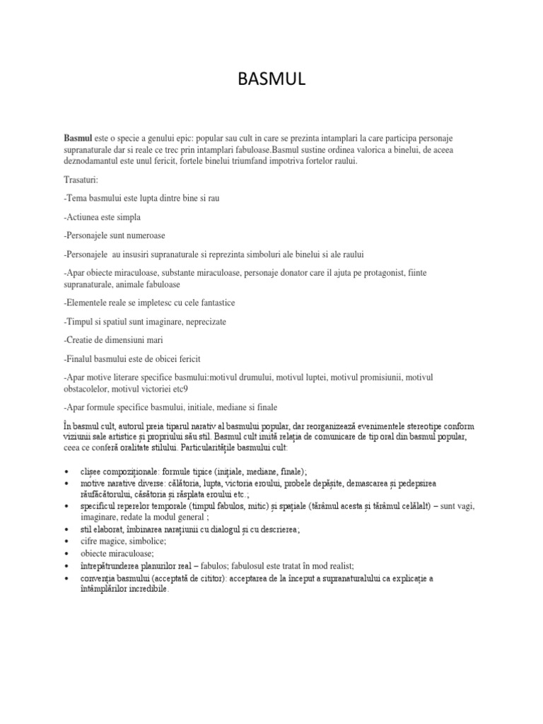 Basmul - Definitie, Trasaturi + Basmul Cult | PDF