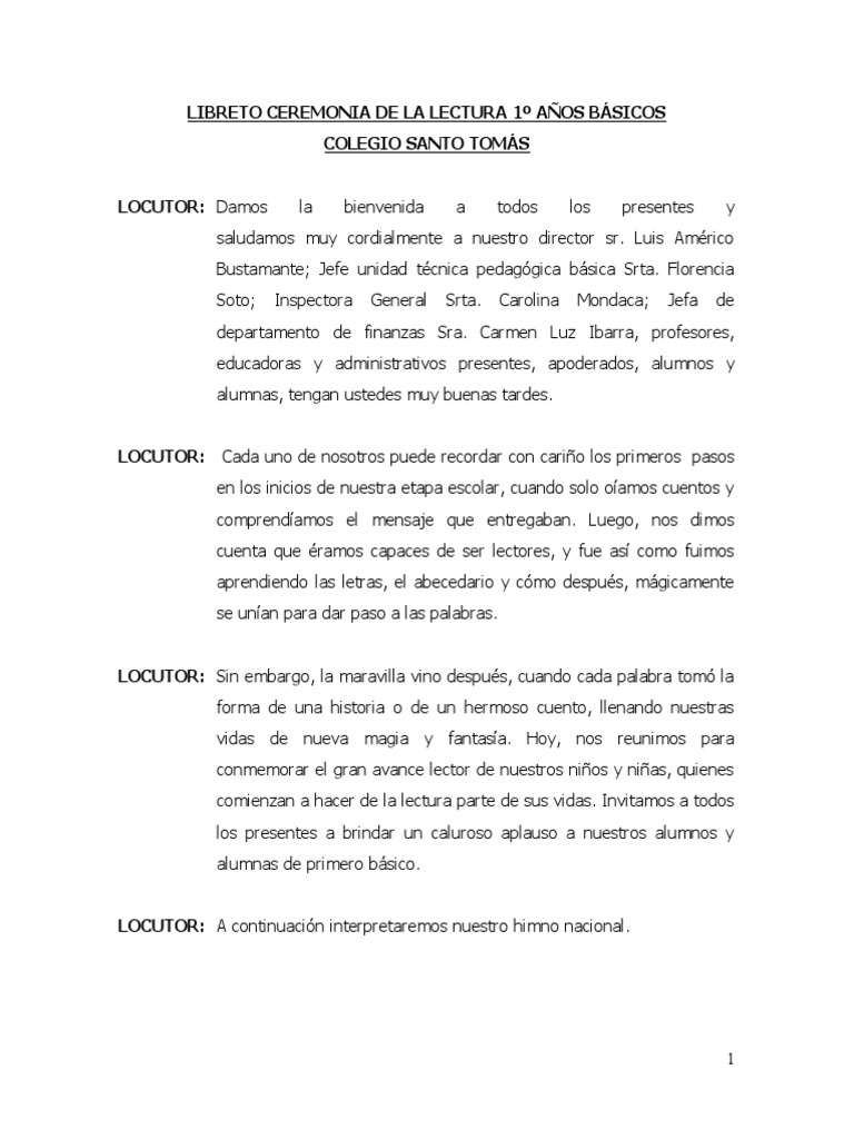 Libreto Ceremonia de La Lectura 2019 Borrador | PDF