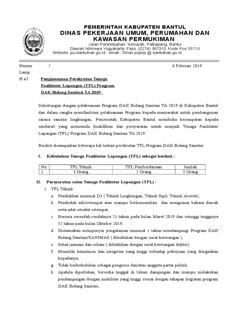 Pengumuman Rekrutment TFL DAK | PDF
