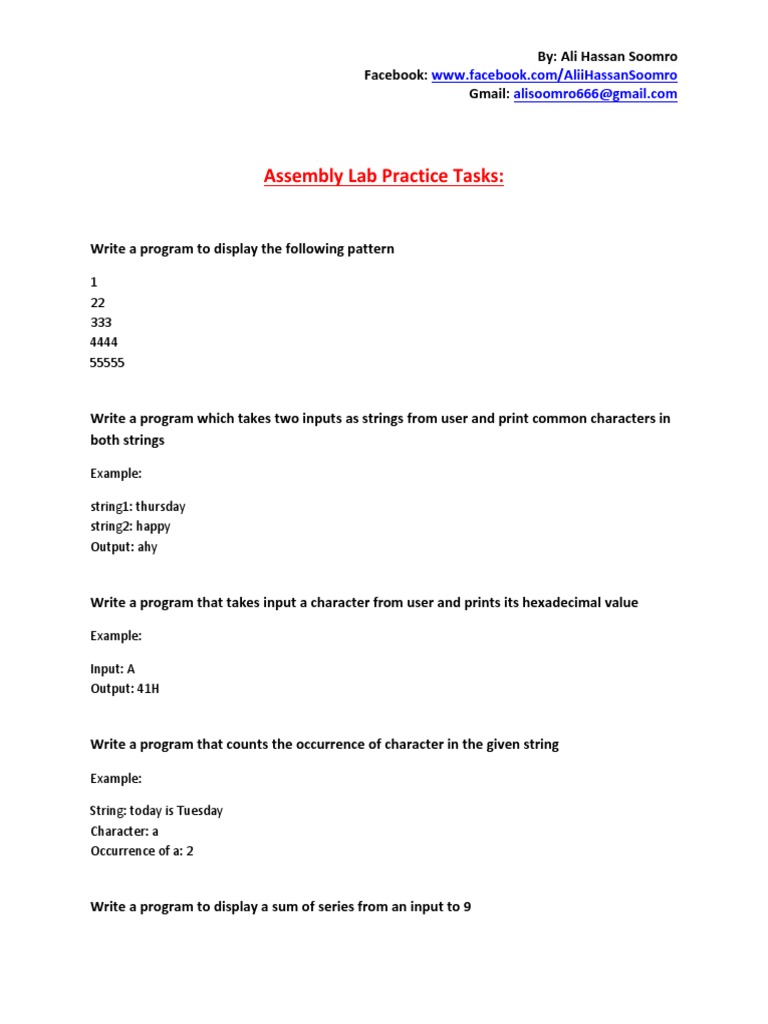Assembly Lab Practice: A Collection of Programming Tasks to Practice Common Concepts Including ...