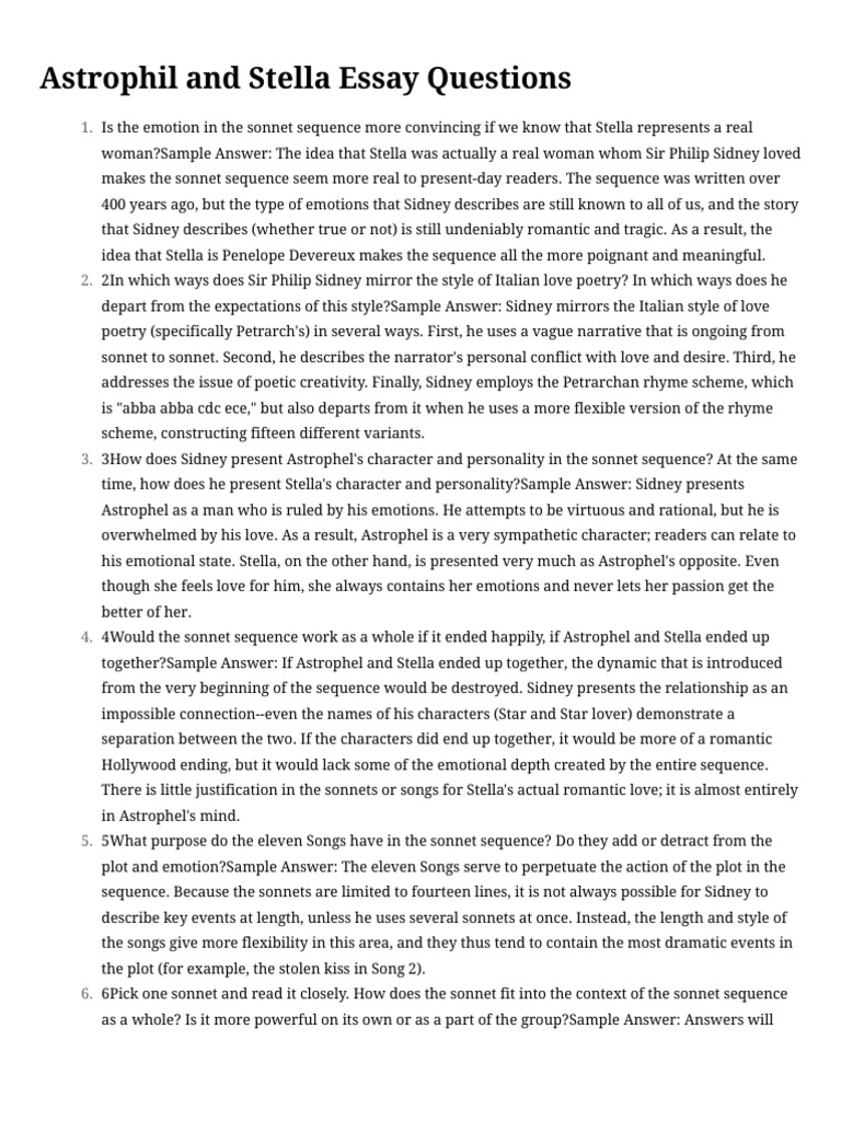 Astrophil and Stella Study Questions | PDF | Sonnets | Poetry
