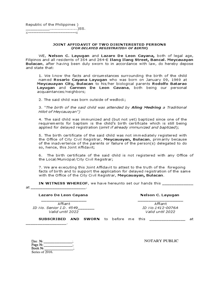 Joint Affidavit of 2 Disinterested Parties | PDF | Affidavit | Birth ...