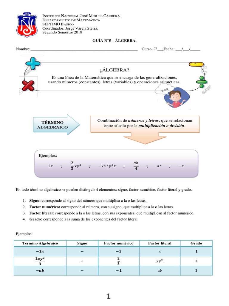 Guía de Algebra 7mo Básico | PDF | Álgebra | Enseñanza de matemática