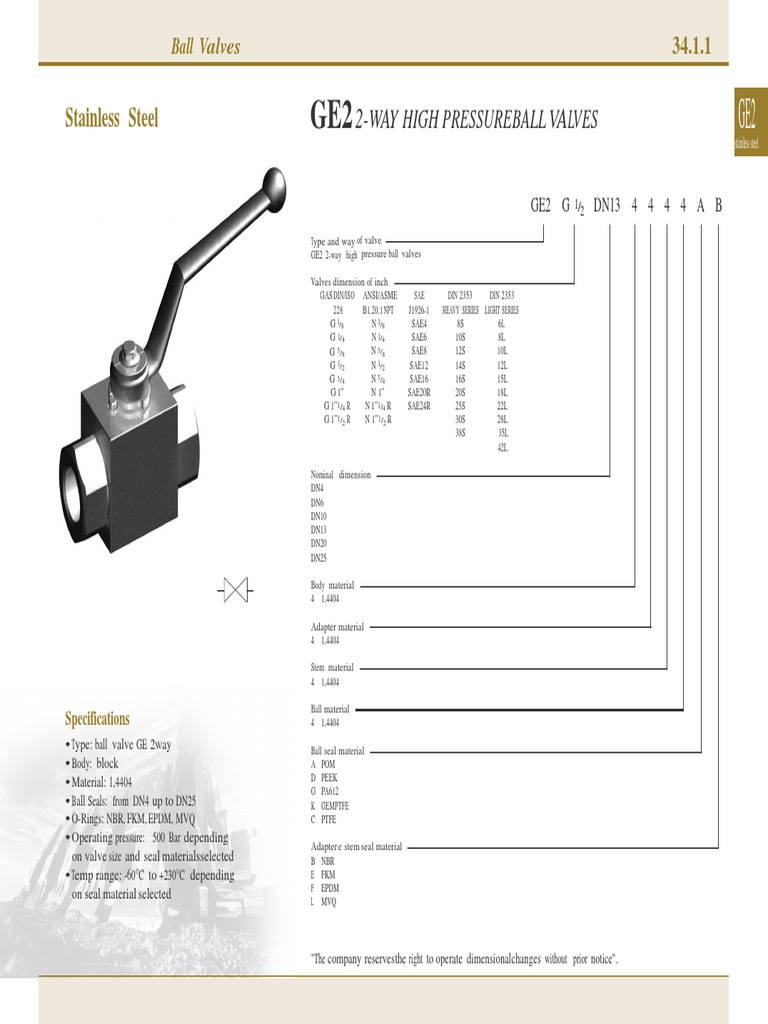 Ball Valve GE 2way PRESSURE | PDF | Valve | Mechanical Engineering