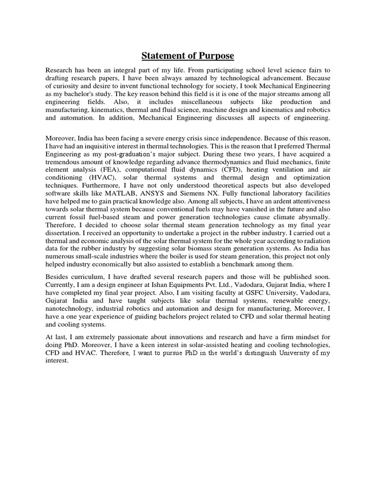 Statement of Purpose | PDF | Mechanical Engineering | Engineering