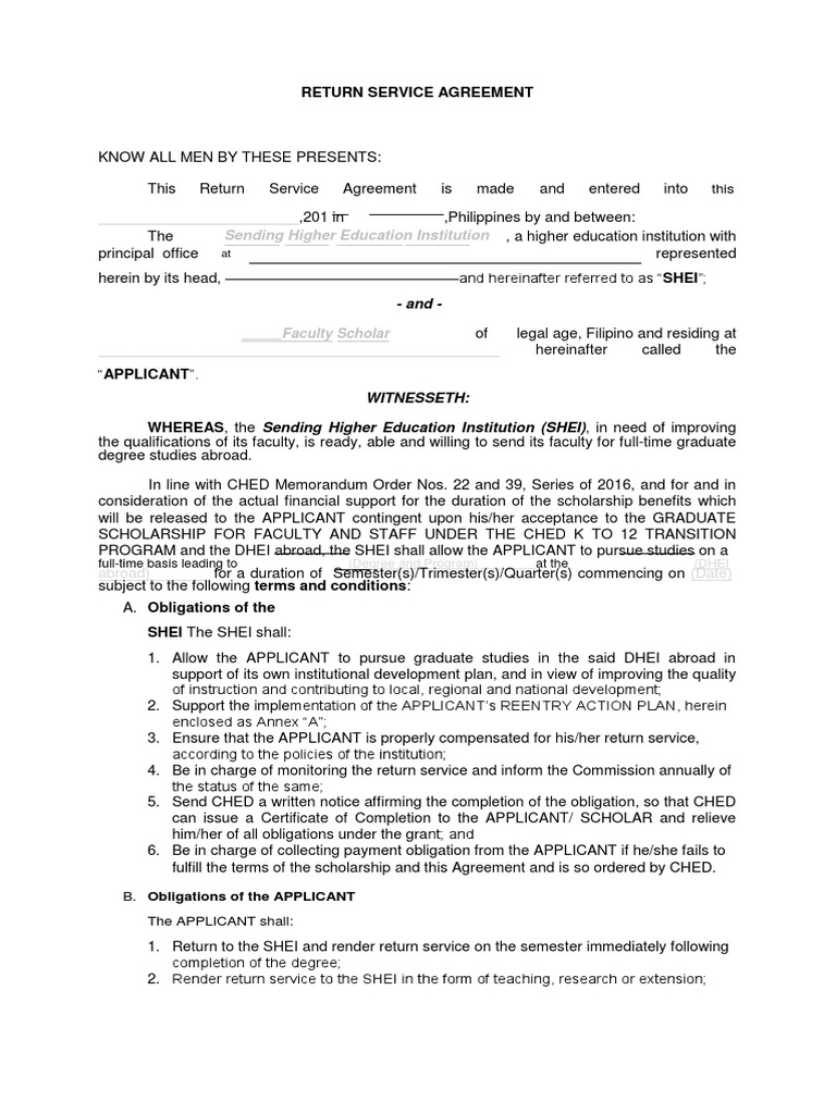 Return Service Agreement: Terms and Conditions for Faculty Pursuing ...