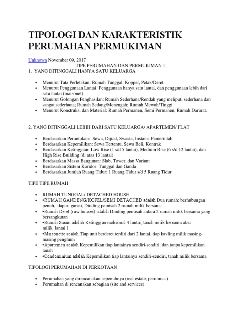 Tipologi dan Karakteristik Perumahan | PDF