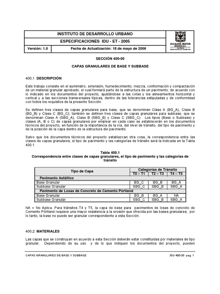 Especificaciones Tecnicas Bases y Subbases IDU | PDF | Hormigón | Naturaleza