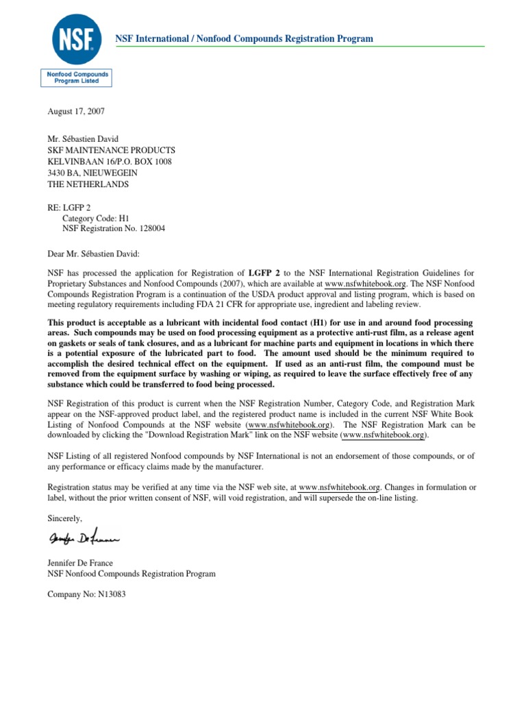 Certificado NSF A SKF 210819 | PDF