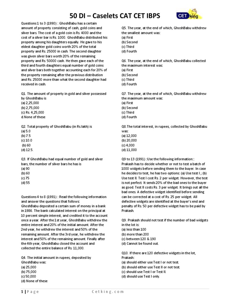 DI Caselets 50 Must Solve Questions For CAT CET IBPS PO by Cetking ...