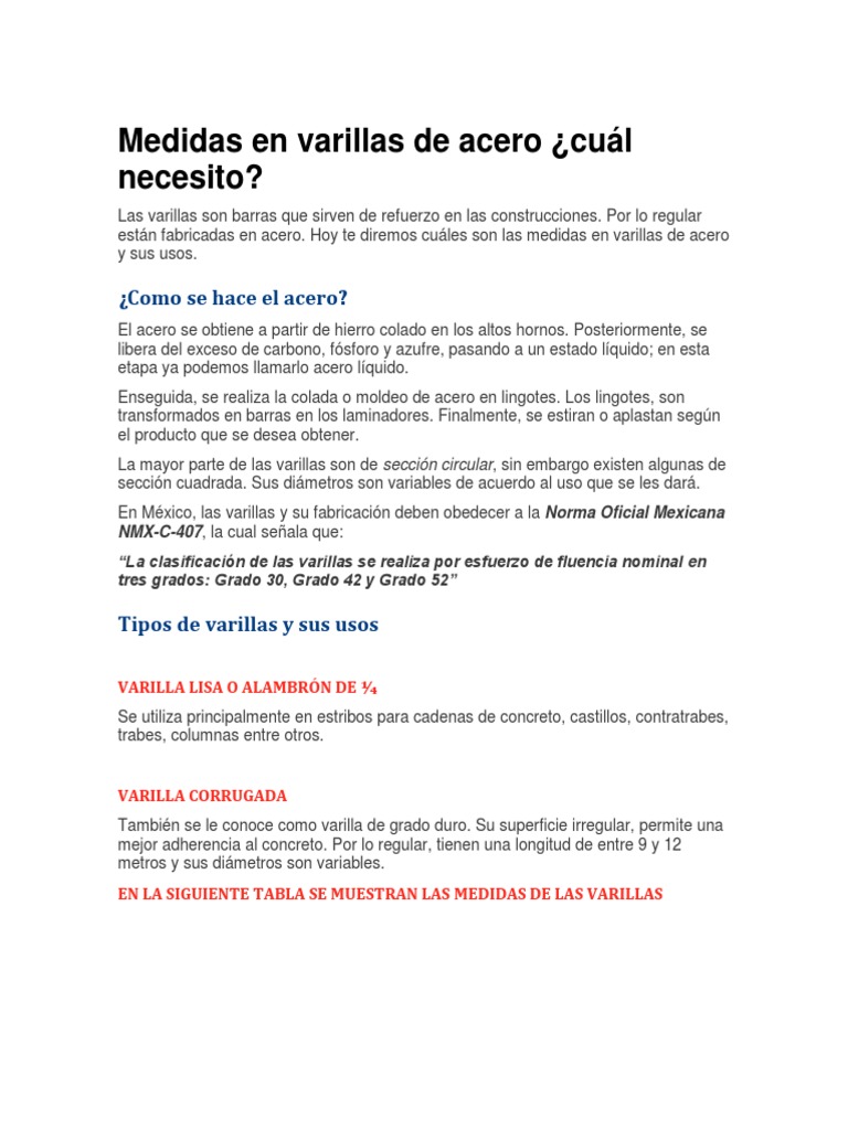 Medidas en Varillas de Acero | PDF | Acero | Hormigón