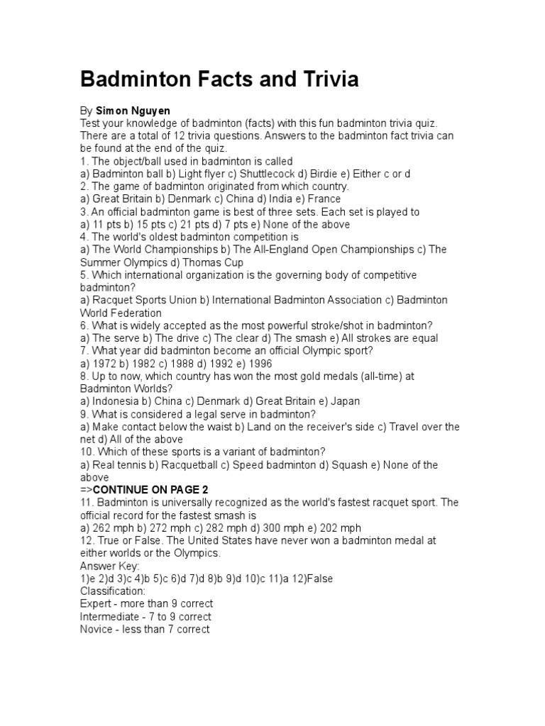 Badminton Facts and Trivia | Download Free PDF | Leisure | Hobbies