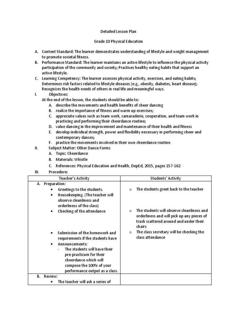 DLP in Pe 10 Cheerdance 3 Final Practicum | PDF | Cheerleading ...