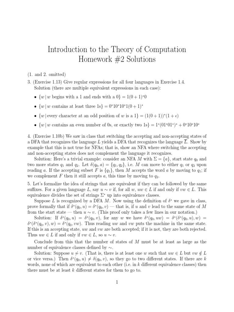 Introduction To The Theory of Computation Homework #2 Solutions | Download Free PDF ...