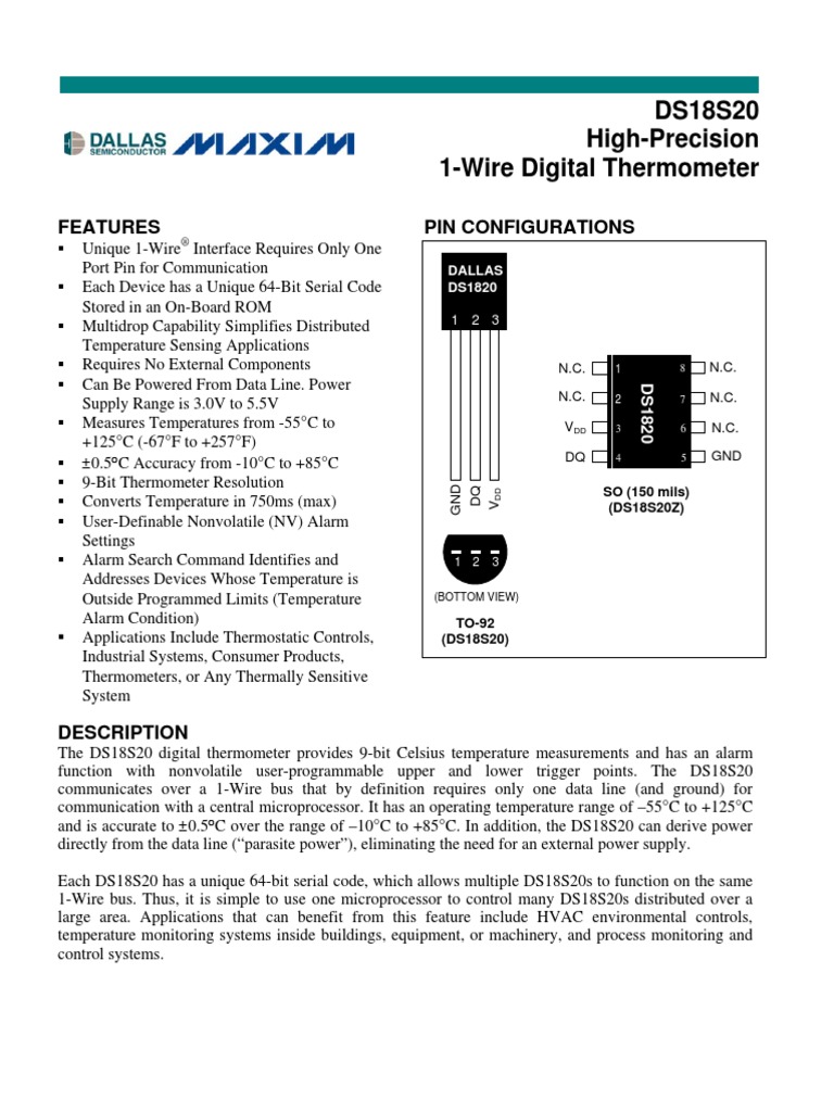 DS1820 MAXIM High-Precision 1-Wire Digital Thermometer | PDF | Computer ...