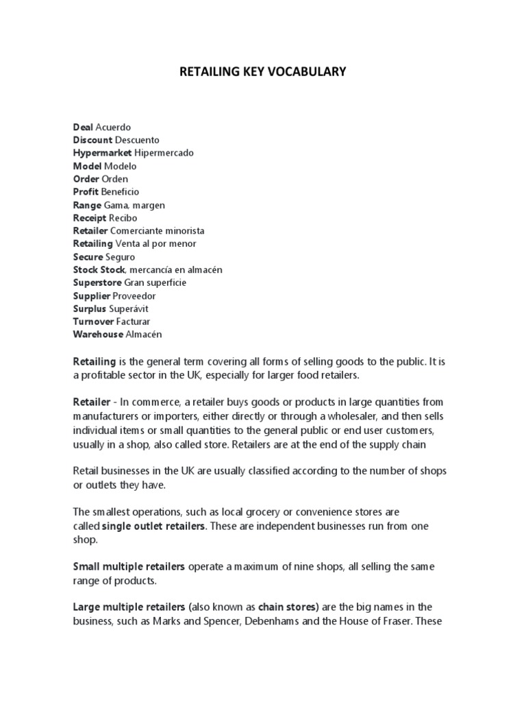 Retailing Key Vocabulary | PDF