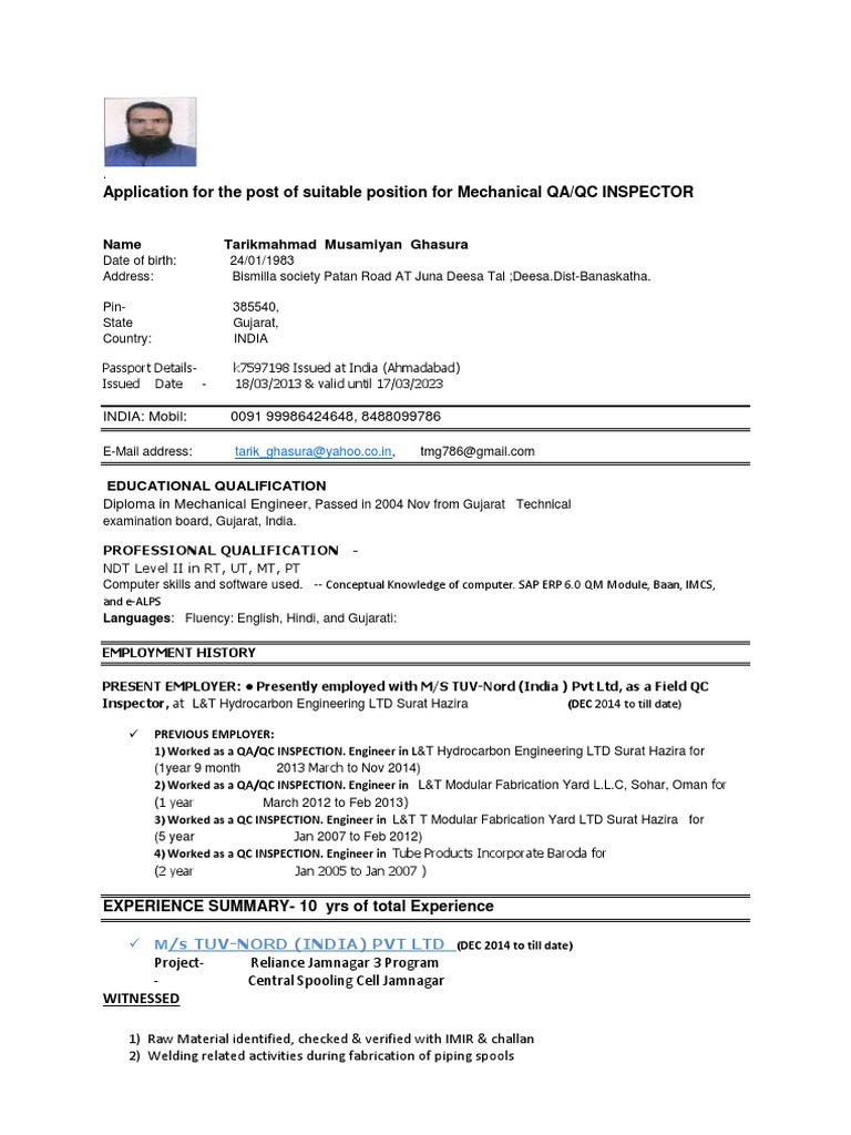 Application For The Post of Suitable Position For Mechanical QA/QC ...