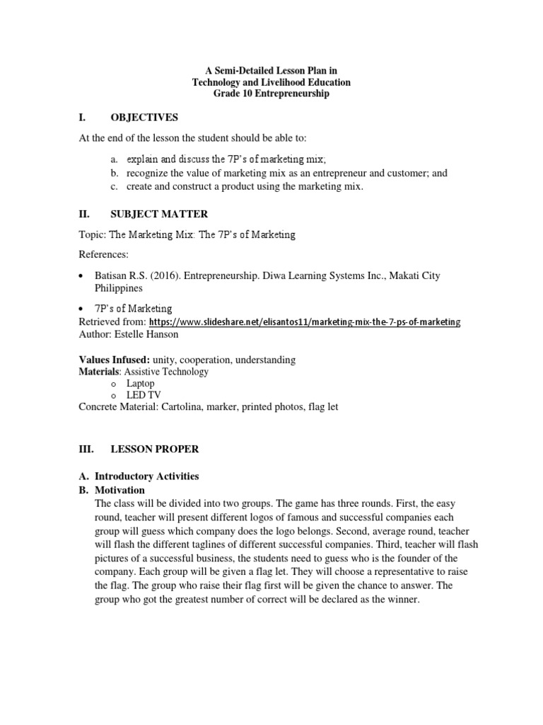 Lesson Plan on Marketing Mix for Students | PDF | Pricing | Product ...