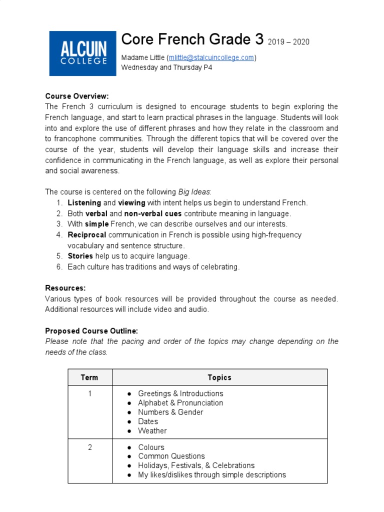 Course Outline French 3 1 | PDF | Homework | Curriculum