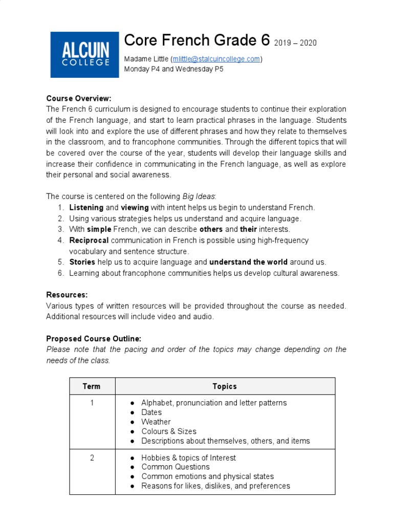 French 6 Course Outline 2019-2020 | PDF | Homework | French Language