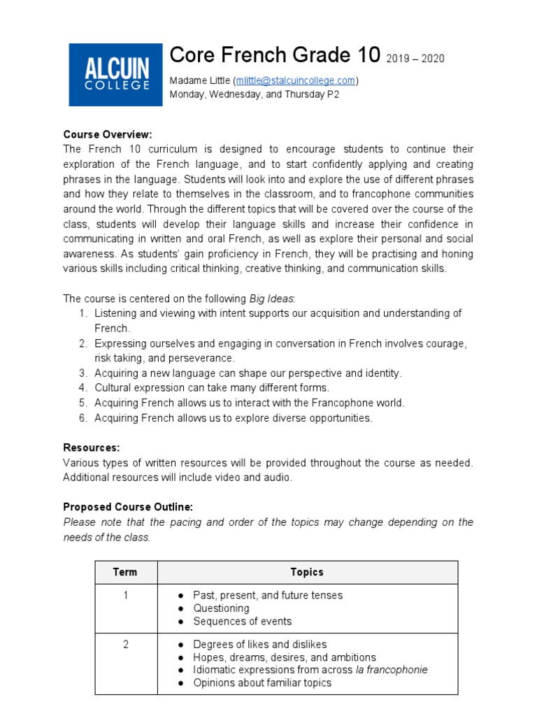 Course Outline French 10 1 | PDF | Homework | French Language