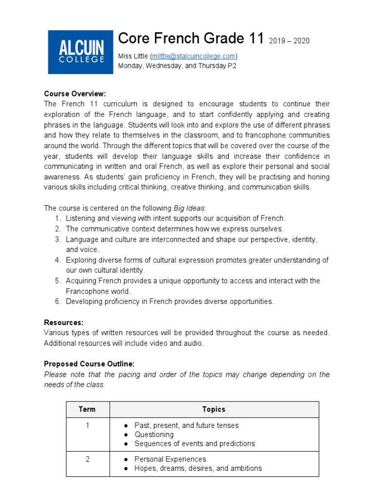 Grade 11 Core French Course Guide | PDF | Homework | Curriculum