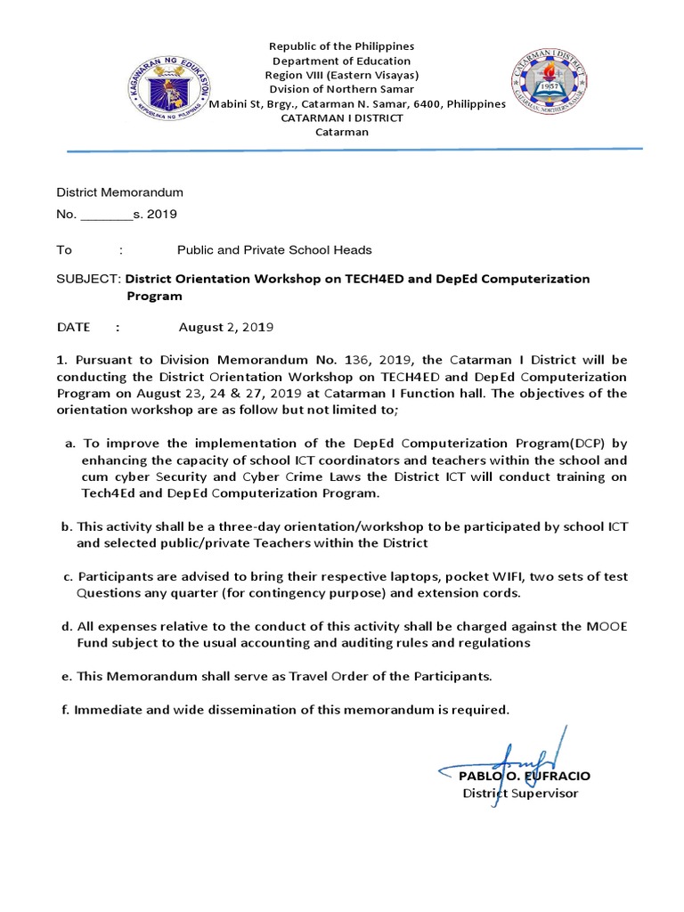 District Orientation Workshop on TECH4ED and DepEd Computerization Program | PDF