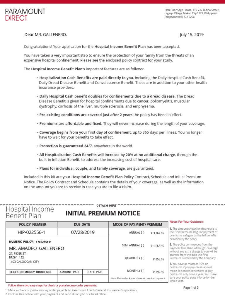 Hospital Income Benefit Plan Initial Premium Notice | Download Free PDF ...