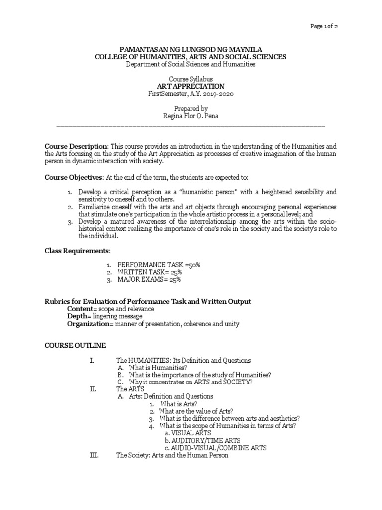 Art Appreciation Syllabus | Humanities | The Arts
