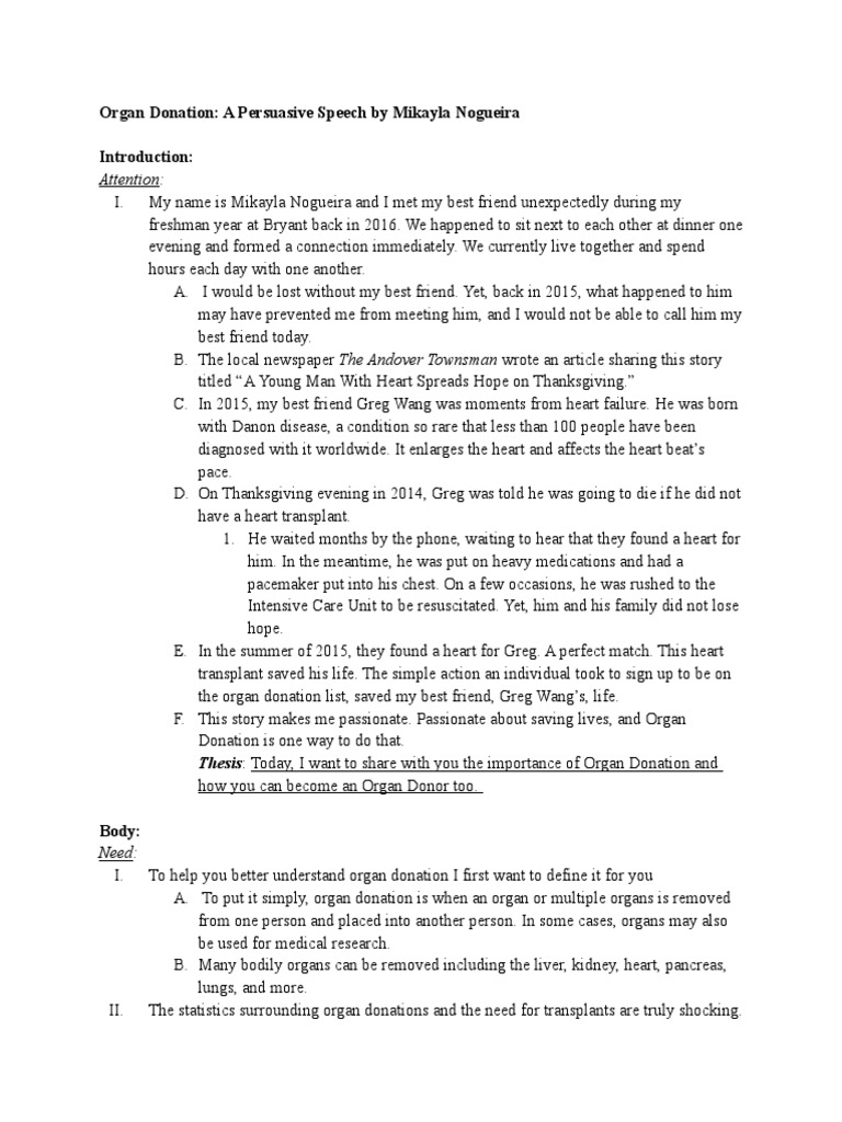 Organ Donation A Persuasive Speech by Mikayla Nogueira | PDF | Organ ...