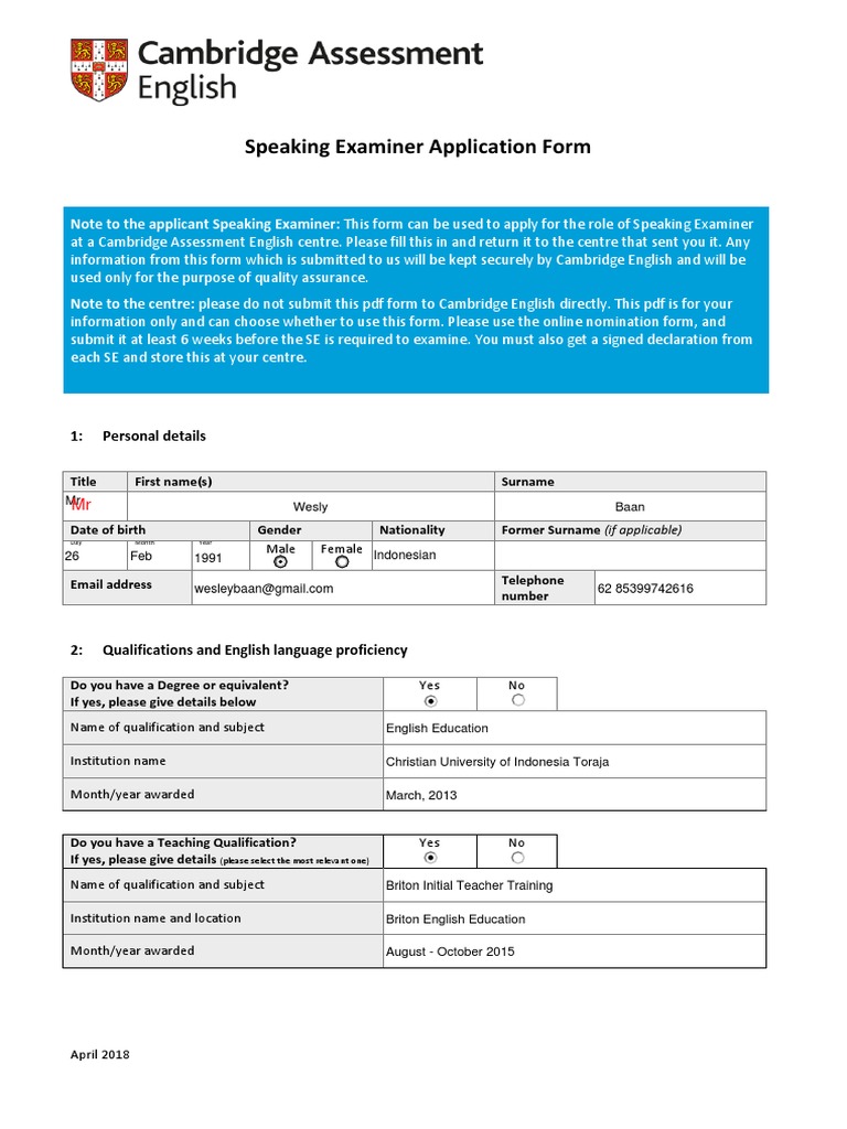 Se Application Form-2018 | PDF | English As A Second Or Foreign ...