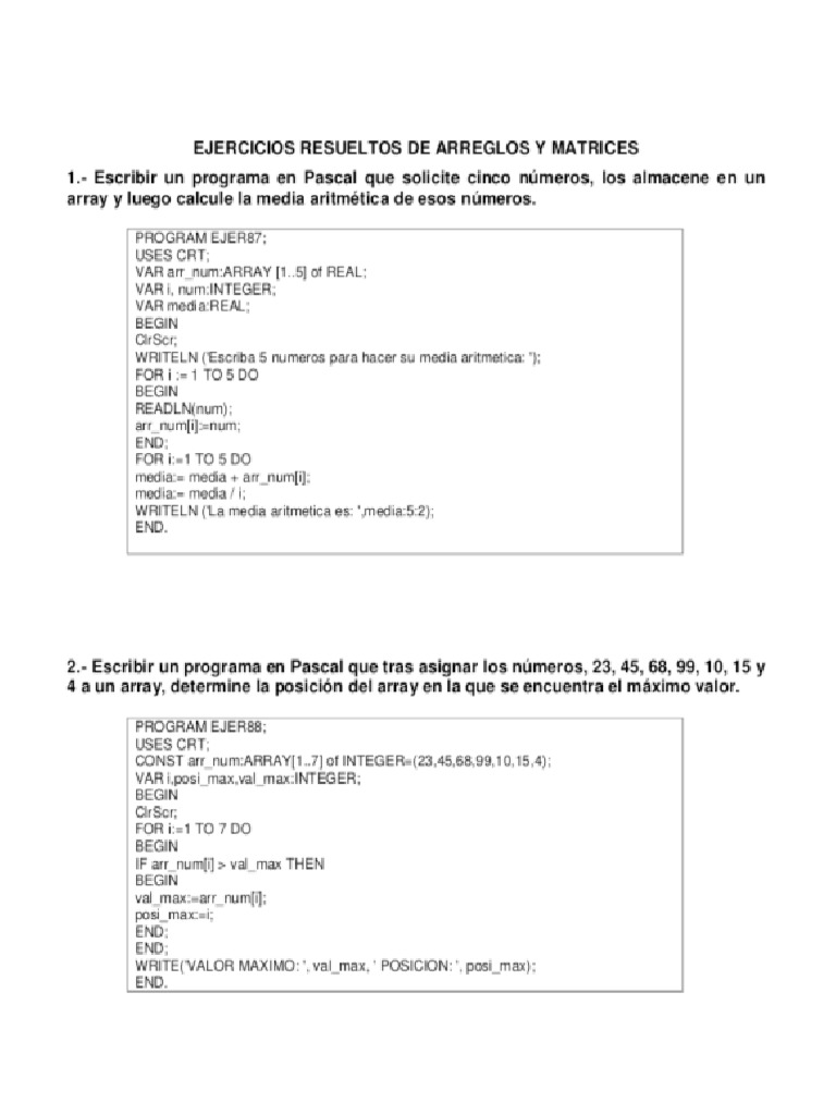 Pascal Ejercicios Resueltos de Arreglos y Matrices | PDF