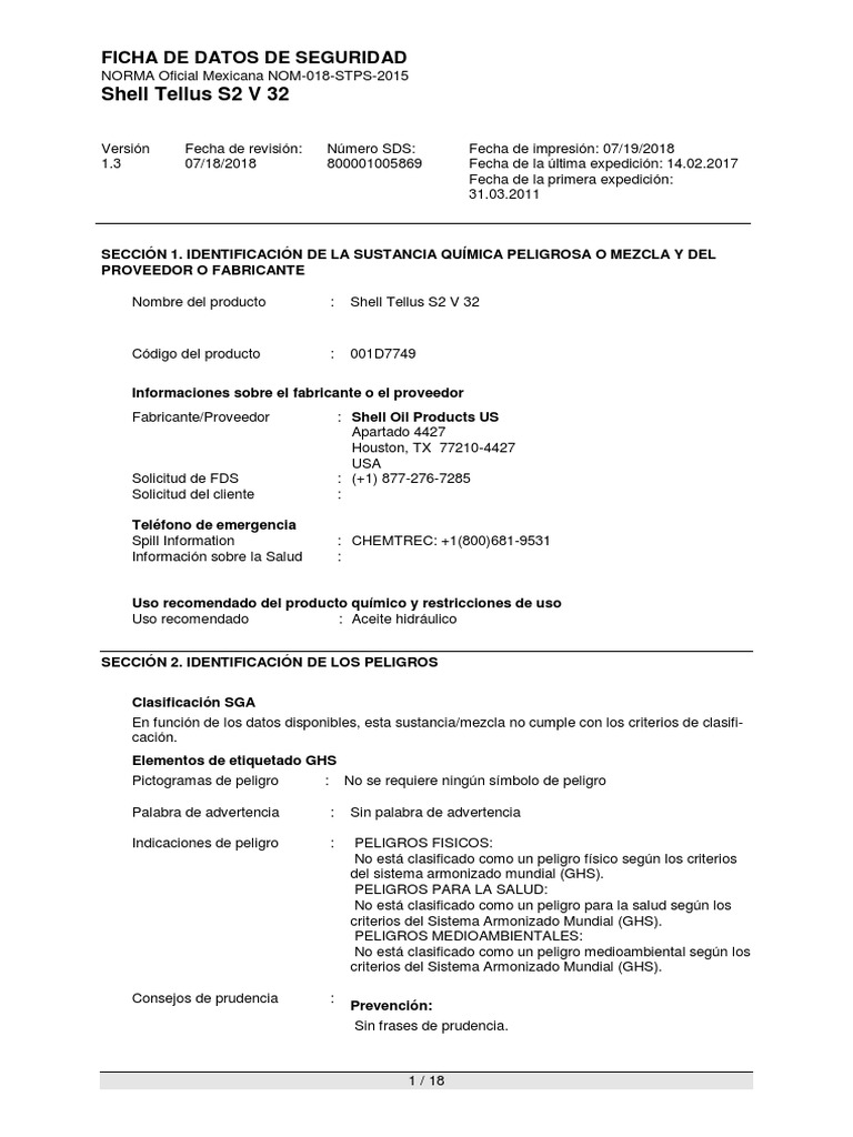 Shell Tellus S2 V 32: Ficha De Datos De Seguridad | Guante | Residuos