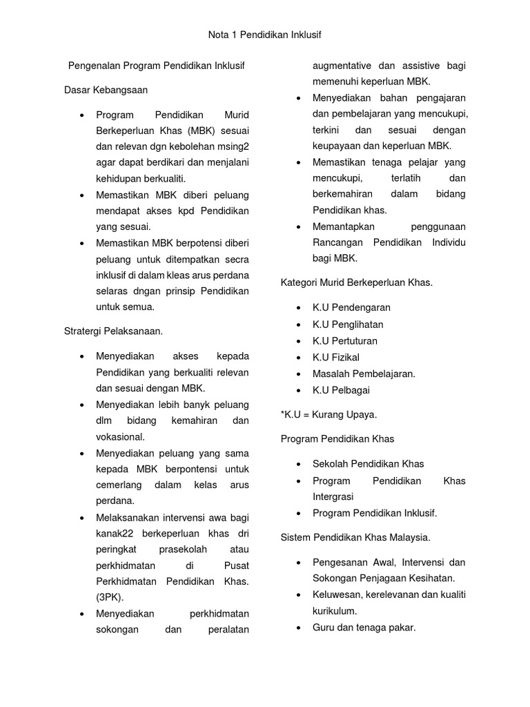 Nota 1 Pengenalan Program Pendidikan Inklusif | PDF