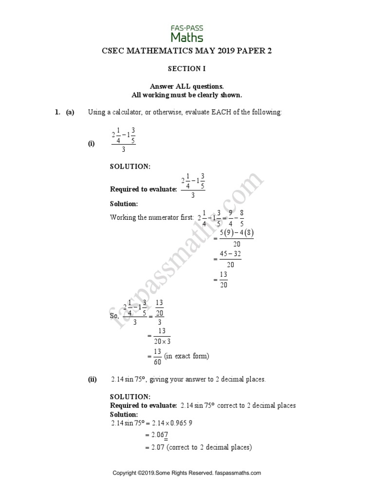 Csec Mathematics May 2019 Paper 2: Section I Answer ALL Questions. All ...