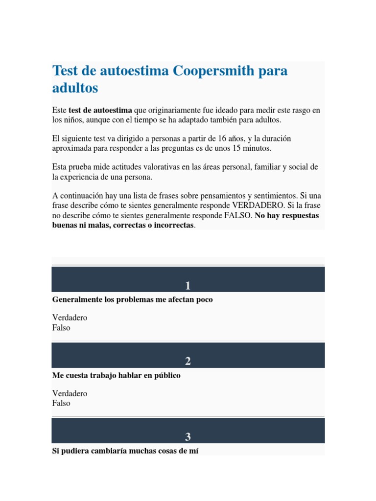 Test de Autoestima Coopersmith para Adultos | PDF | Sicología