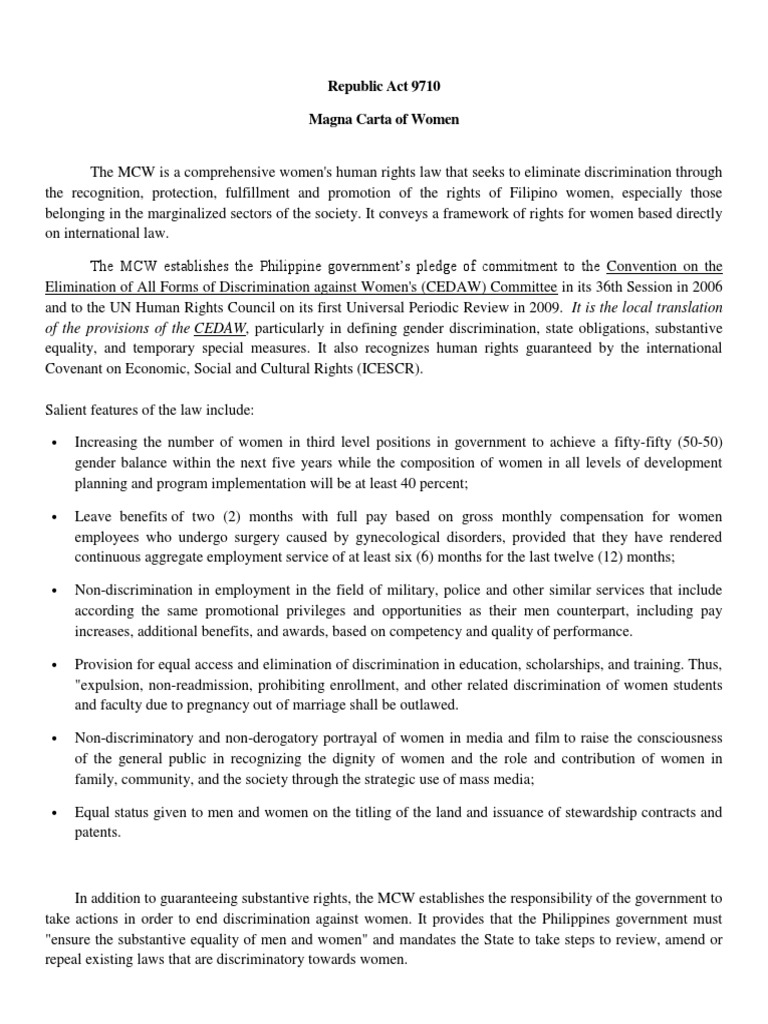 Republic Act 9710 Magna Carta of Women | PDF | Convention On The Elimination Of All Forms Of ...