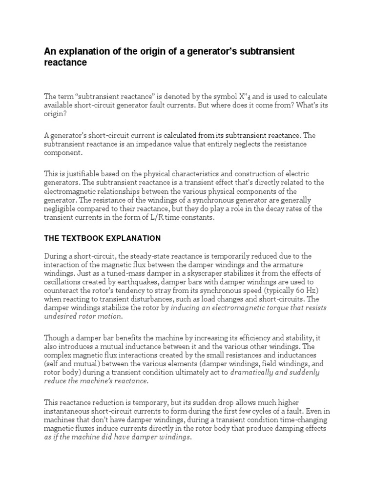 Origin Of Generator Subtransient Reactance Explained Pdf Electric Generator Inductance