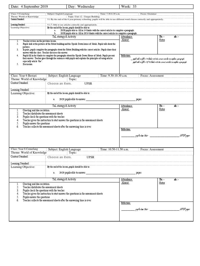 4.9.2019 Wed 5.6b.6c UPSR | PDF | Subject (Grammar) | Teaching