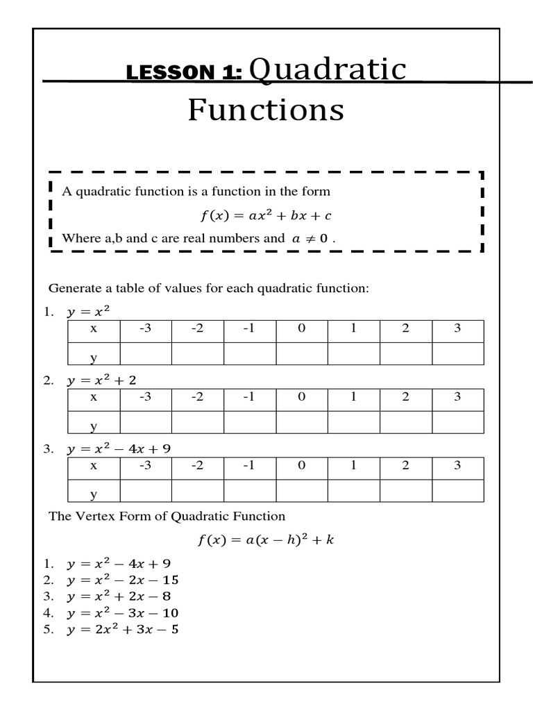 Quadratic Functions: Lesson 1 | PDF