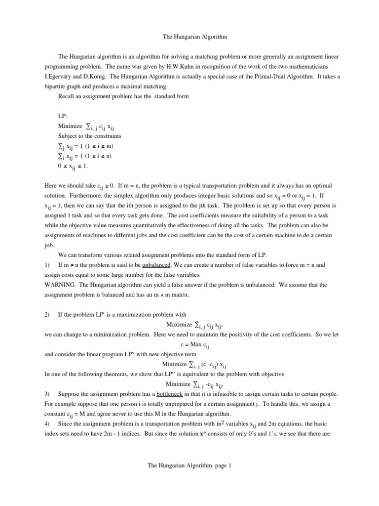 The Hungarian Algorithm Pdf Matrix Mathematics Theoretical Computer Science