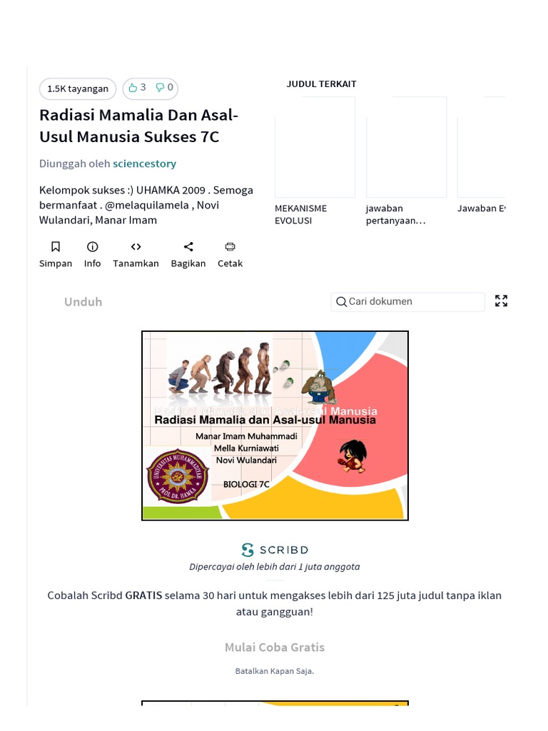 Radiasi Mamalia Dan Asal-Usul Manusia Sukses 7C | PDF | Sains & Matematika